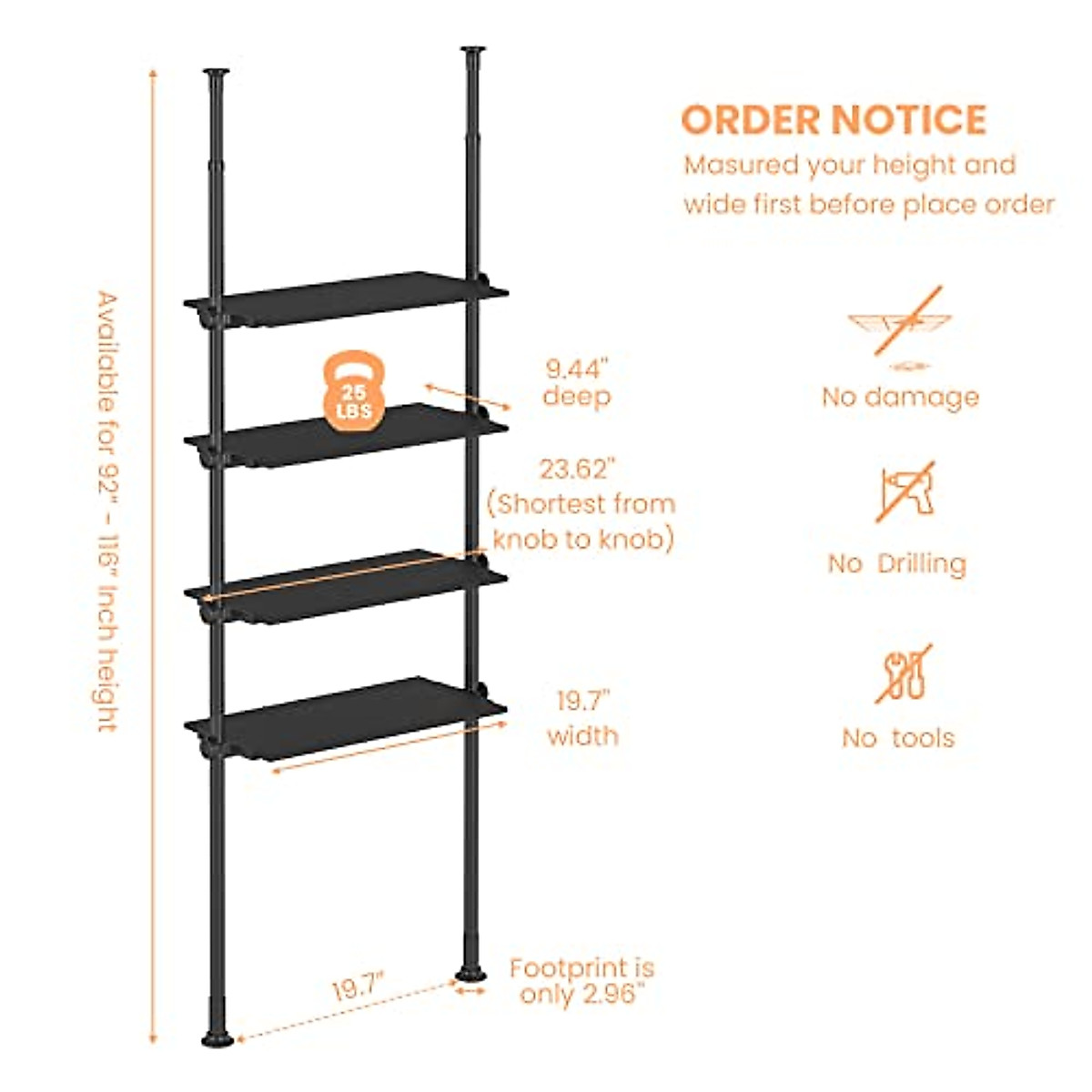 ALLZONE Over The Toilet Storage Cabinet, 4 Tier Over Toilet Bathroom Organizer, Adjustable Bathroom Shelves Over Toilet, Fit Most Showers on Above Toilet Storage, 92 to 116 Inch, Metal Shelves,Black