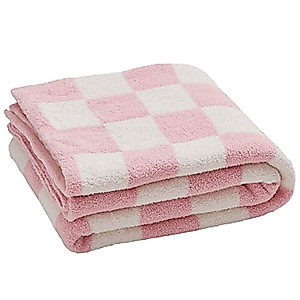 Throw Blankets Barefoot Checkerboard Gingham Warm Cozy Microfiber Reversible for Home Decor Bed Couch-Machine Washable (Light Pink,51"x63")