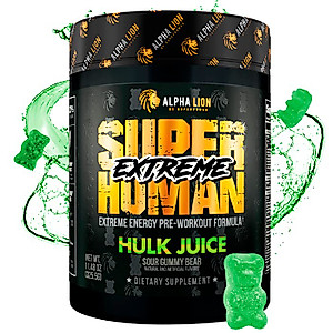 ALPHA LION Superhuman Extreme Pre Workout Powder, Beta Alanine, L-Taurine & Tri-Source Caffeine for Sustained Energy, Nitric Oxide & Citrulline for Pump (21 Servings, Sour Gummy Bear Flavor)