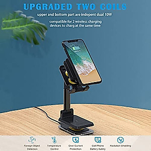 HINIDESPE Dual Wireless Charger Stand, 2 in 1 Charging Angle Height Adjustable Cell Phone Desk Holder Dock for iPhone 12/11/Xs/Max/X/8/8P AirPods, Samsung S10/S9/S8/Note10, black