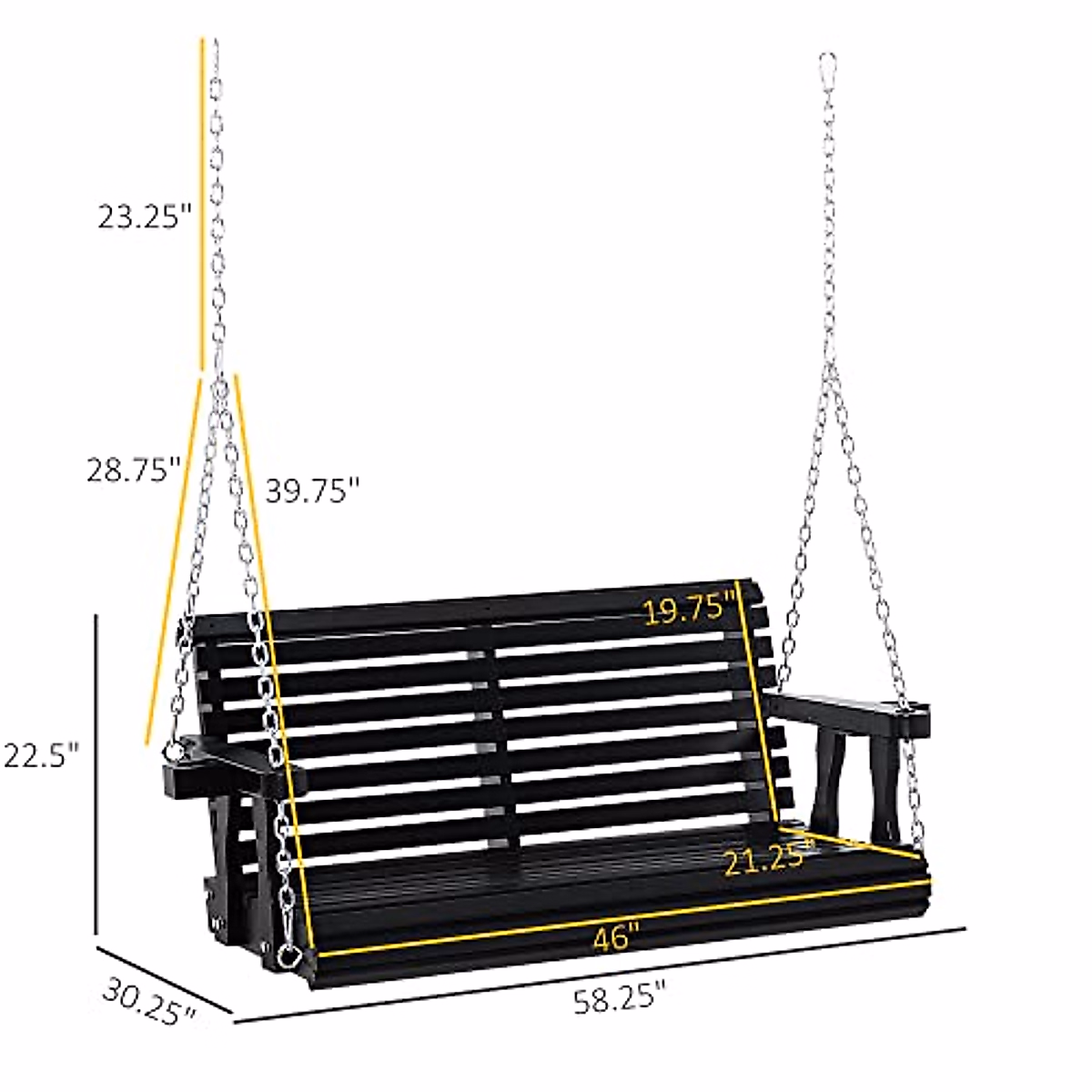 Outsunny Porch Swing with Stand and Cupholders, 2 Person Wooden Patio Swing Chair, 440 lbs. Weight Capacity, for Garden, Poolside, Backyard, Black