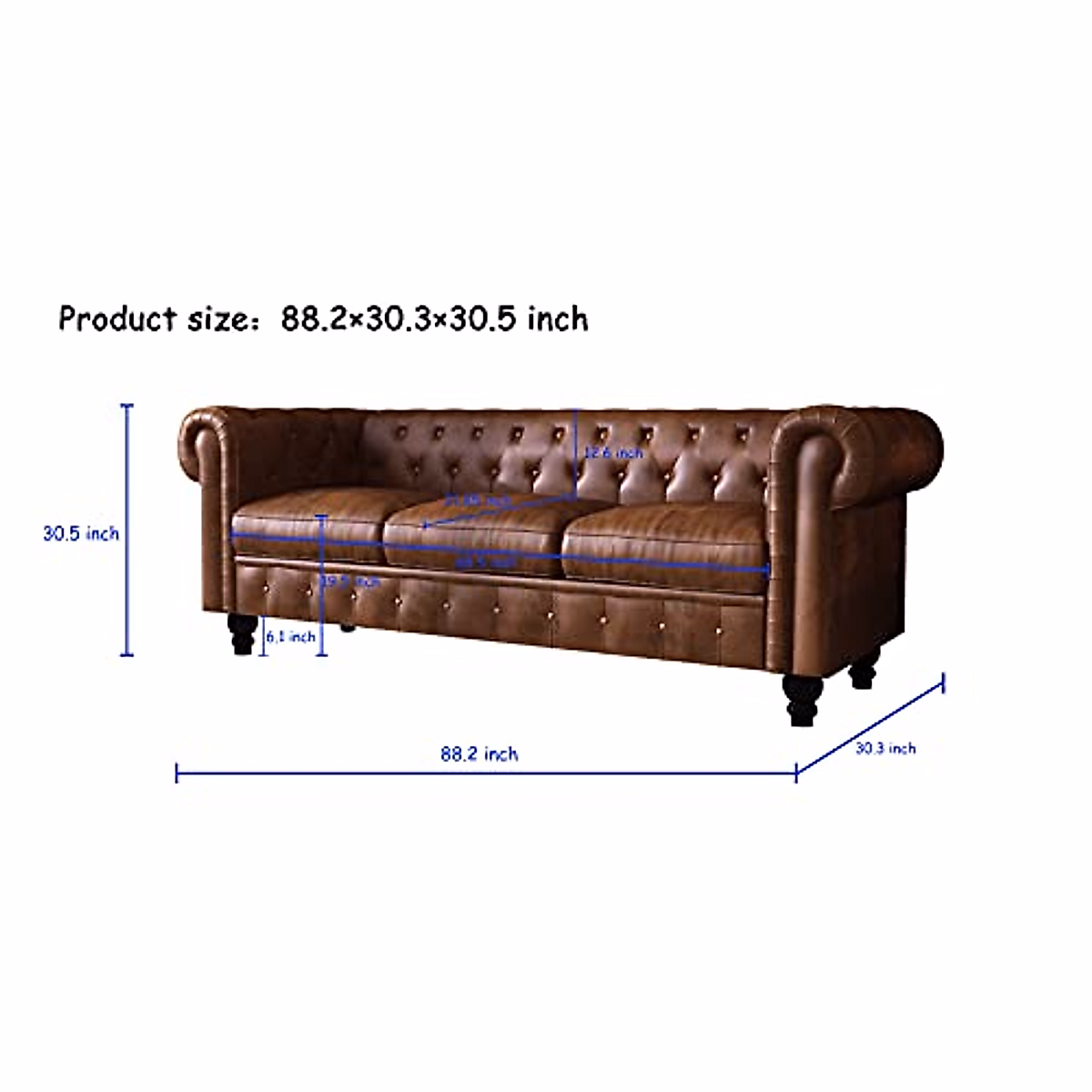 JULYFOX Brown Leather Couch Button Tufted, Faux Leather Chesterfield Sofa with Rolled Arms Black Wood Legs 750 lbs Heavy Duty 88 in Wide for Home Living Room