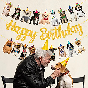 Dog Happy Birthday Banner Decorations Baby Dog Birthday Party Supplies Gold Glitter Puppy Birthday Banner Decorations for Pet Dog Theme Party Bunting Decoration Baby Shower Party Supplies