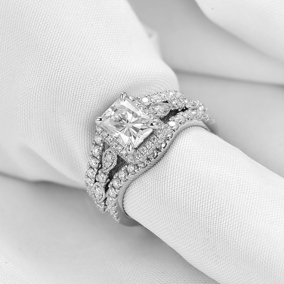 DovEggs Center 2ct 6X8mm G-H-I Color Radiant Cut Moissanite Hidden Halo Engagement Ring with accents 14k Gold Quality Silver Engagement Ring for Women(Engagement Ring Only, 7)