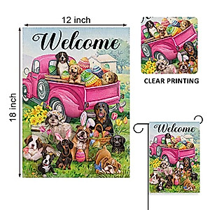 Covido Home Decorative Welcome Easter Eggs Pink Truck Dog Garden Flag, Country Puppy House Yard Daffodil Tulip Daisy Flowers Outside Decoration, Spring Floral Outdoor Small Decor Double Sided 12 x 18
