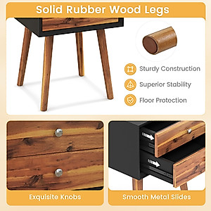 Giantex Nightstand with 2 Drawers Set of 2, Mid Century Modern Bedside Table with Solid Wood Legs, Practical End Side Table for Living Room Bedroom Small Space, Night Stand, Black & Walnut
