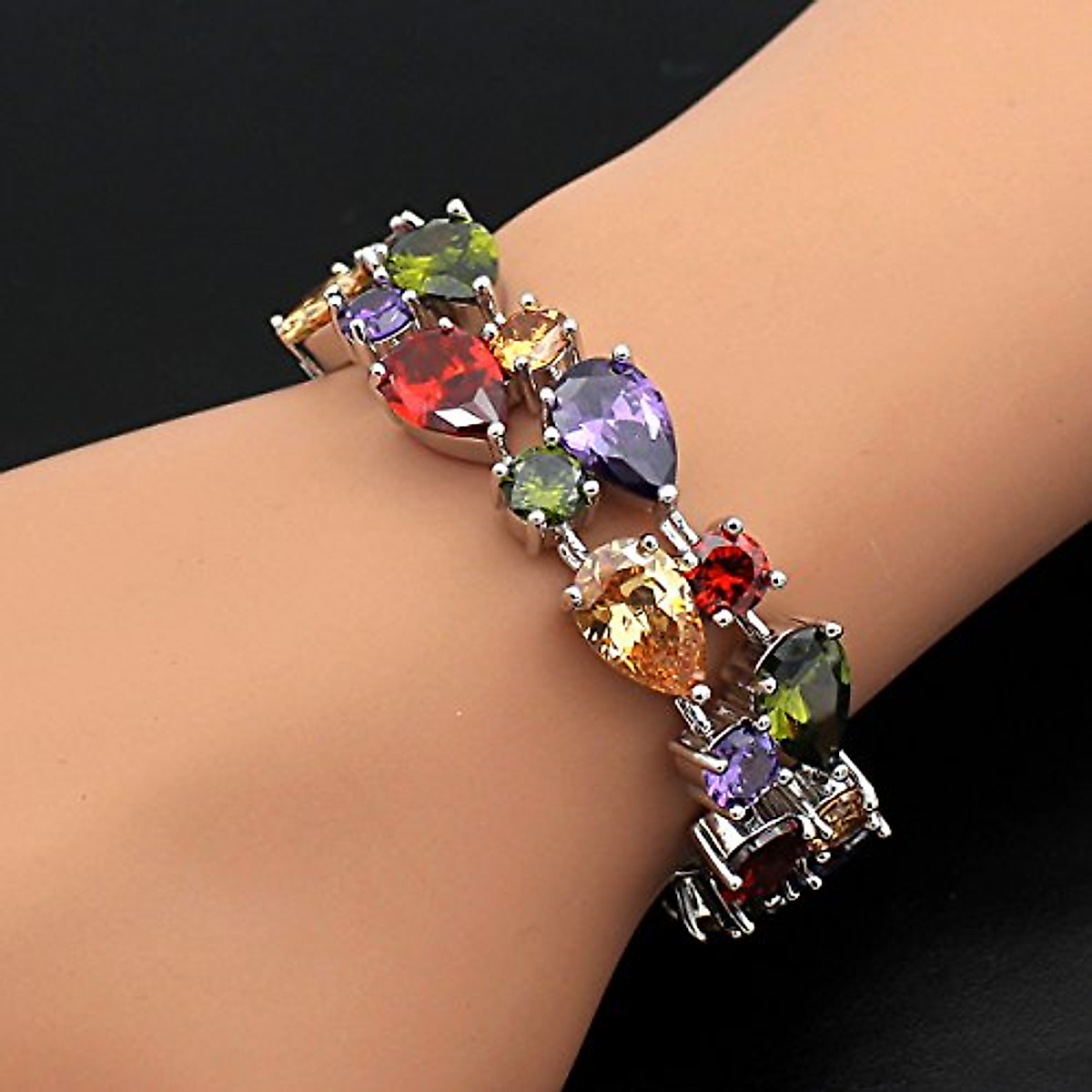 Fashion Gemstone Silver Bracelets, Silver Jewelry for Women Bracelet, Amethyst Garnet Morganite Peridot Women Jewelry Bracelets (8 inch)