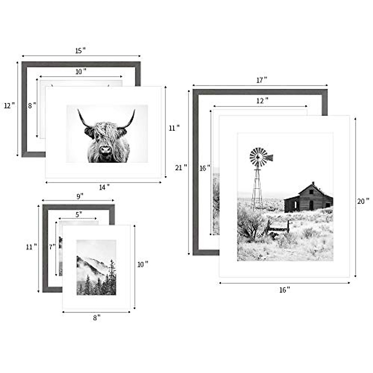 SunFlax Farmhouse Animal Framed Wall Art - Highland Yak and Smoky Mountain Picture with Black Wooden Frames for Bathroom, Living Room, Bedroom, Office