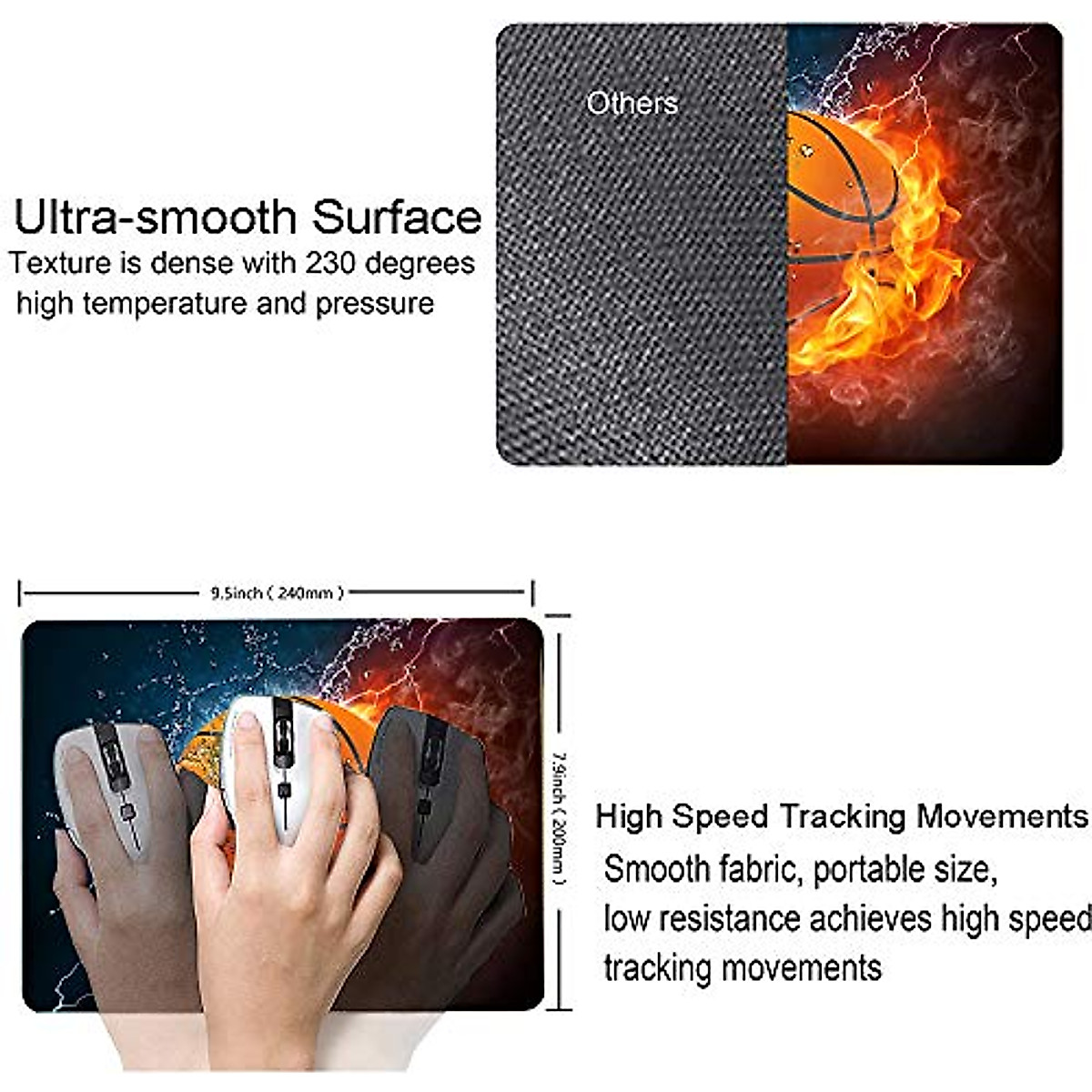 Gaming Mouse Pad,Basketball Ball in fire and Water Mouse Pad Non-Slip Rubber Base Mouse Pads for Computers Laptop Office, 9.5"x7.9"x0.12" Inch(240mm x 200mm x 3mm)