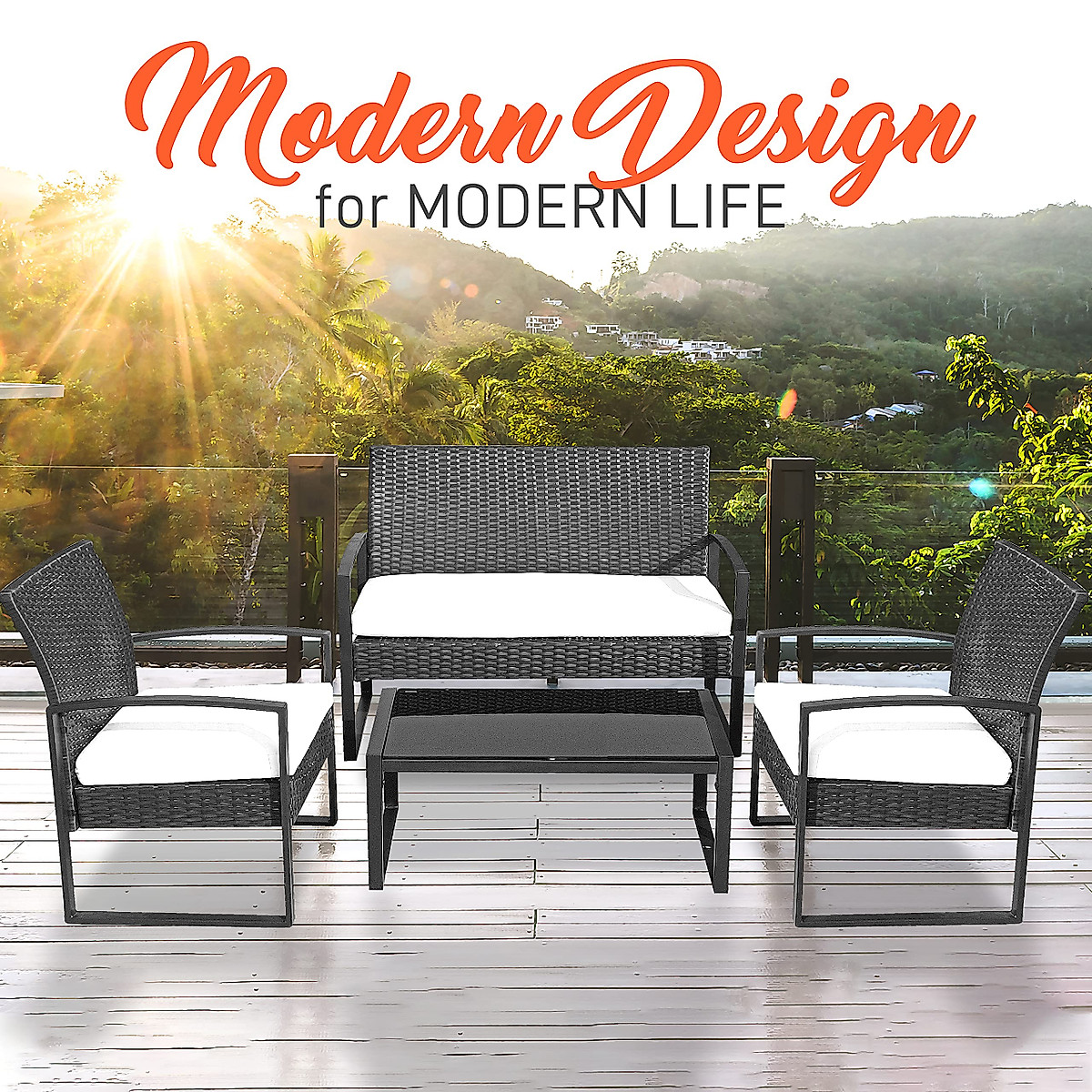 SereneLife Outdoor Living Rattan Furniture, Includes 1 Double & 2 Single Chairs with Cushion & 1 Glass-top Coffee Table 4 Piece Conversation/Chat Set, (Back), Off Black