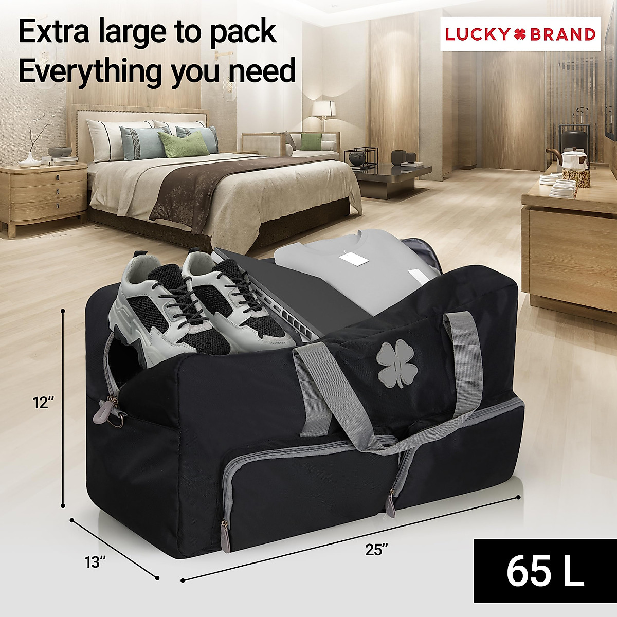 Lucky Travel Duffel Bags 65L, Gym Bag, Travel Bag & Large Duffle Bag for Men, Foldable Overnight Weekender Bags for Women & Men with Adjustable Shoulder Strap, Black