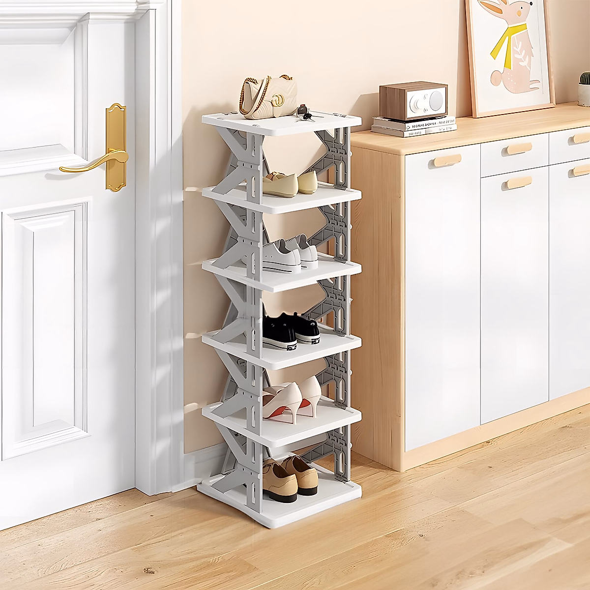 HUYFGDYSA 6 Tier Foldable Shoe Rack Tall Organizer- Narrow Free Installation Small Shoe Rack for Front Door Entrance Shoe Storage Flexible and Shelf Space Saving Organizer for Closet(Gray)