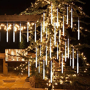 Vikdio Meteor Shower Rain Lights, 30cm 16 Spiral Tubes 480 LEDs 5.25m Lit Length Waterproof Snowfall LED Lights for Wedding Christmas Garden Tree Home Decor, Support 2 Sets Connected (Blue)