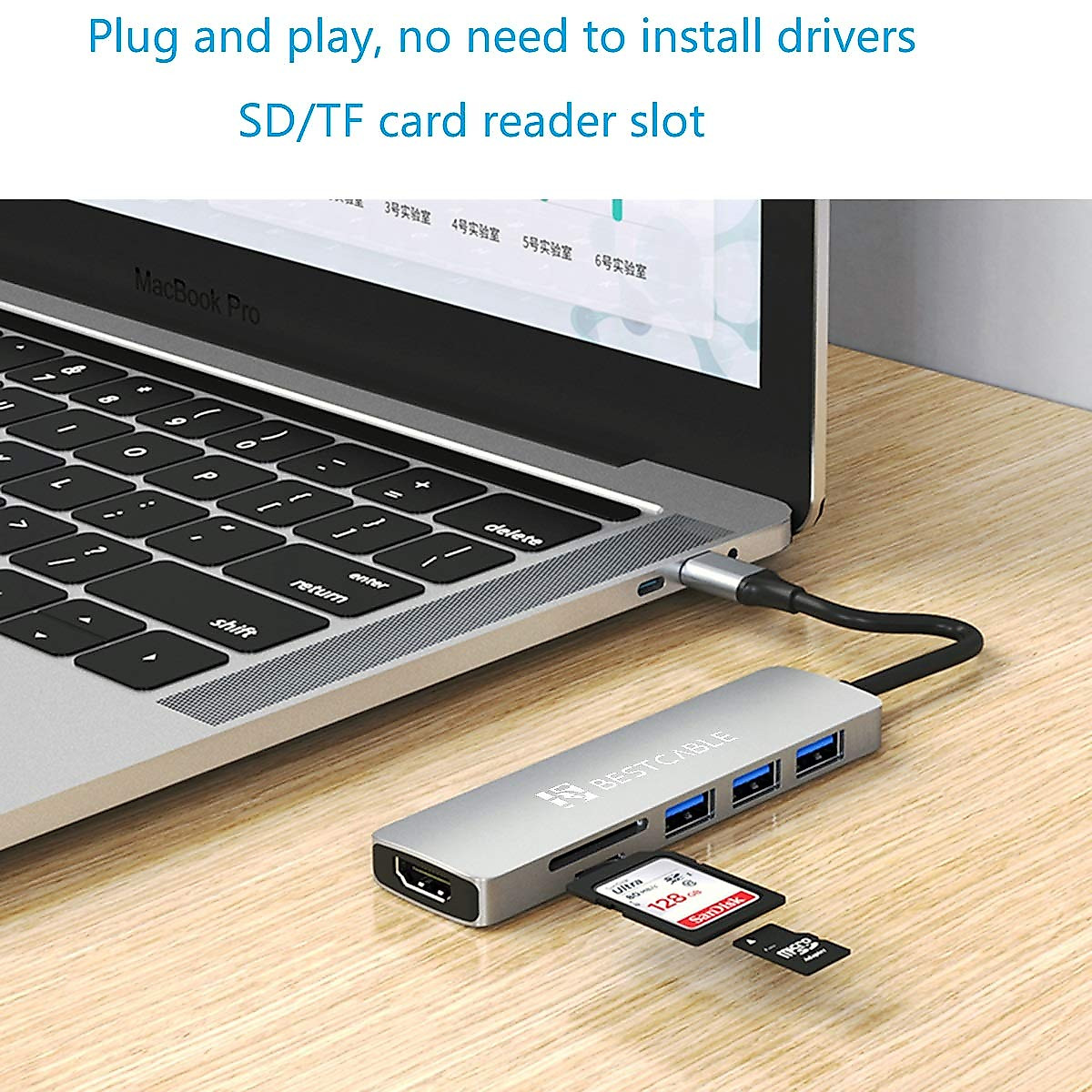 BEST CABLE USB C Hub Multiport Adapter - 6 in 1 Portable with 4K HDMI Output, 3 USB 3.0 Ports, SD/TF Card Reader, Compatible with MacBook, XPS More USB C Devices