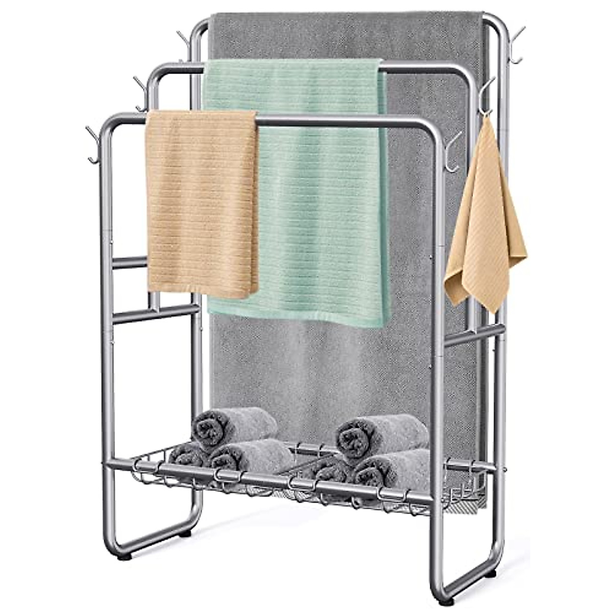 40" H Standing Towel Rack with 2 Storage Baskets & 6 Hooks, 3 Tier Silver Metal Towel Holder for Extra Large Towel, Modern Industrial Blanket Ladder Display and Drying Rack for Bedroom Bathroom