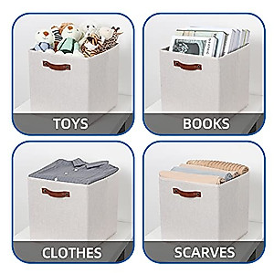 Temary Fabric Storage Cubes Storage Bins with Dual Leather Handles, 4 Pack Cube Baskets 13x13 Foldable Cube Organizers for Shelves, Home, Office, Nursery