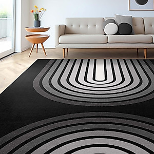 Well Woven Geometric Modern Flat-Weave 5'3" x 7'3" Area Rug - Black + White Dark Curves - for Living Room, Dining Room and Bedroom