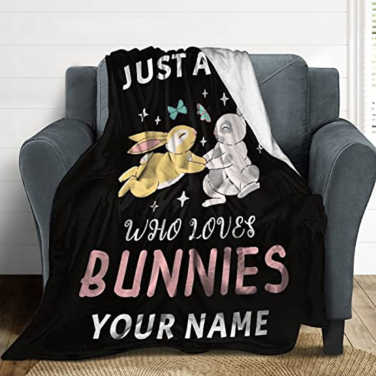 Custom Bunny Blanket Gifts for Girls Boys Teens, 40"*50" Cute Rabbit Flannel Lightweight Fleece Soft Cozy Throws, Bed Blanket for Couch Sofa Living Room