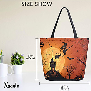 Naanle Halloween Canvas Tote Bag Large Women Casual Shoulder Bag Handbag Witch Haunted House Reusable Multipurpose Heavy Duty Shopping Grocery Cotton Bag for Outdoors.