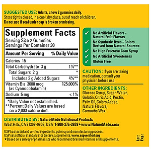 Nature Made Extra Strength Vitamin B12 Gummies, 3000 mcg per serving, B12 Vitamin Supplement for Energy Metabolism Support, 60 Gummy Vitamins, 30 Day Supply