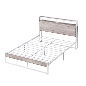 Bellemave Full Metal Bed Frame with Wooden Headboard and USB Ports Full Size Platform Bed 2-Tier Storage Headboard and Charging Station, Noise-Free, No Box Spring Needed, White