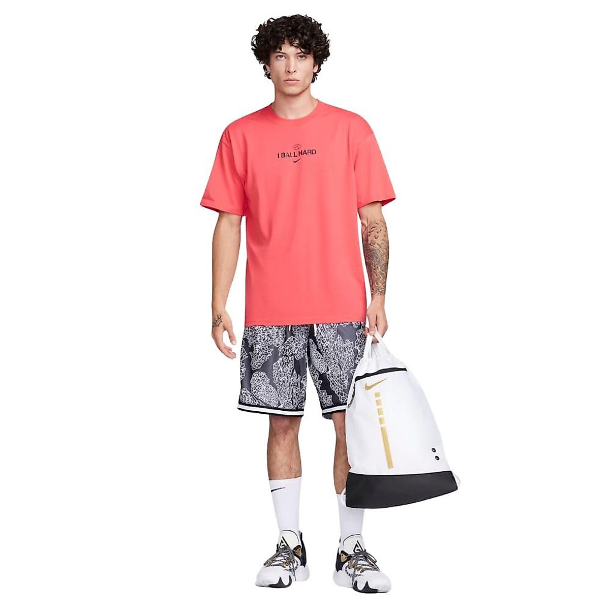 NIKE Hoops Elite Drawstring Bag (17L) DX9790-100 (WHITE/BLACK/METALLIC GOLD), Size ONE