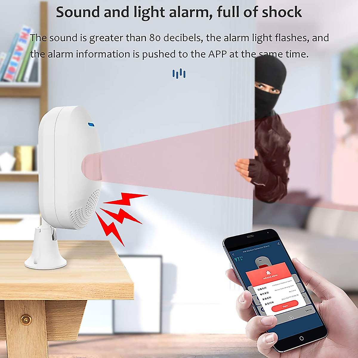 Wireless PIR Motion Sensor Alarm: WiFi Motion Detector Alarm with 100dB Siren, TUYA APP Control, Sound & Light Alarm, Infrared Alarm Detector with USB Charge, Compatible with Alexa