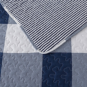 Soul & Lane Checks and Stripes Quilts Set - King Size with 2 Shams, Blue and White Buffalo Plaid Quilted Bedspread, Lightweight Navy Checkered Gingham Bedding, Cozy Lodge-Style Check Design