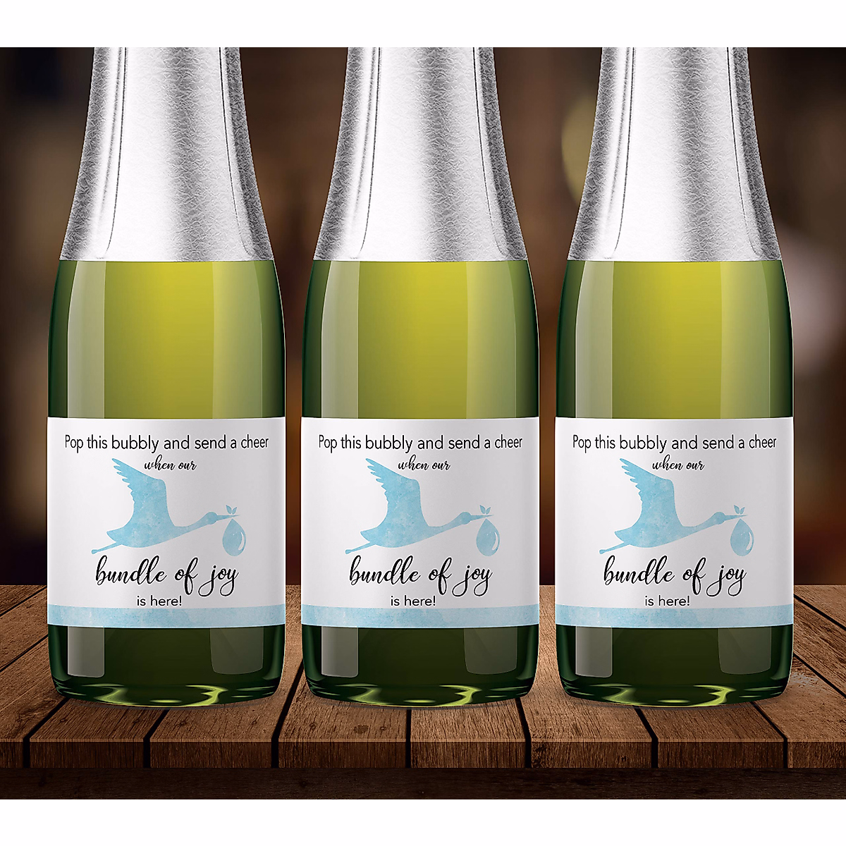 BABY BOY Baby Shower Mini Champagne Labels - She’s About To POP Mini Champagne Bottle Labels ● SET of 12 ● Thank You for Celebrating with us - Blue Stork Bundle of Joy Favors WATERPROOF M101-STORK-12