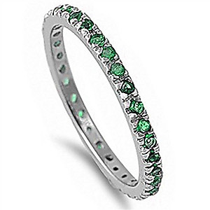 Blue Apple Co. Stackable Eternity Wedding Engagement Band Ring Round Simulated Green Emerald 925 Sterling Silver