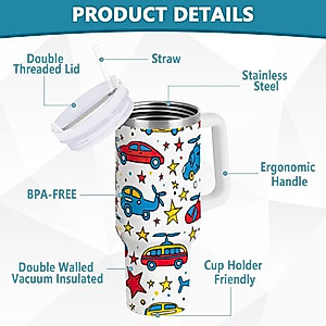ODAWA Cartoon Vehicles 30 Oz Tumbler with Handle Iced Coffee Tumbler Reusable Stainless Steel Tumblers