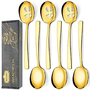 Gold Large Serving Spoons, 6 Pieces Large Stainless Steel Serving Spoons Set Includes 3 Large Serving Spoons,3 Large Slotted Spoons. Serving Spoons for Parties, Dishwasher Safe, 9.2-Inch