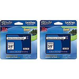 Brother Genuine P-Touch 2-Pack TZe-221 Laminated Tape, Black Print on White Standard Adhesive Laminated Tape for P-Touch Label Makers, Each Roll is 0.35"/9mm (~ 3/8") Wide, 26.2 (8M) Long