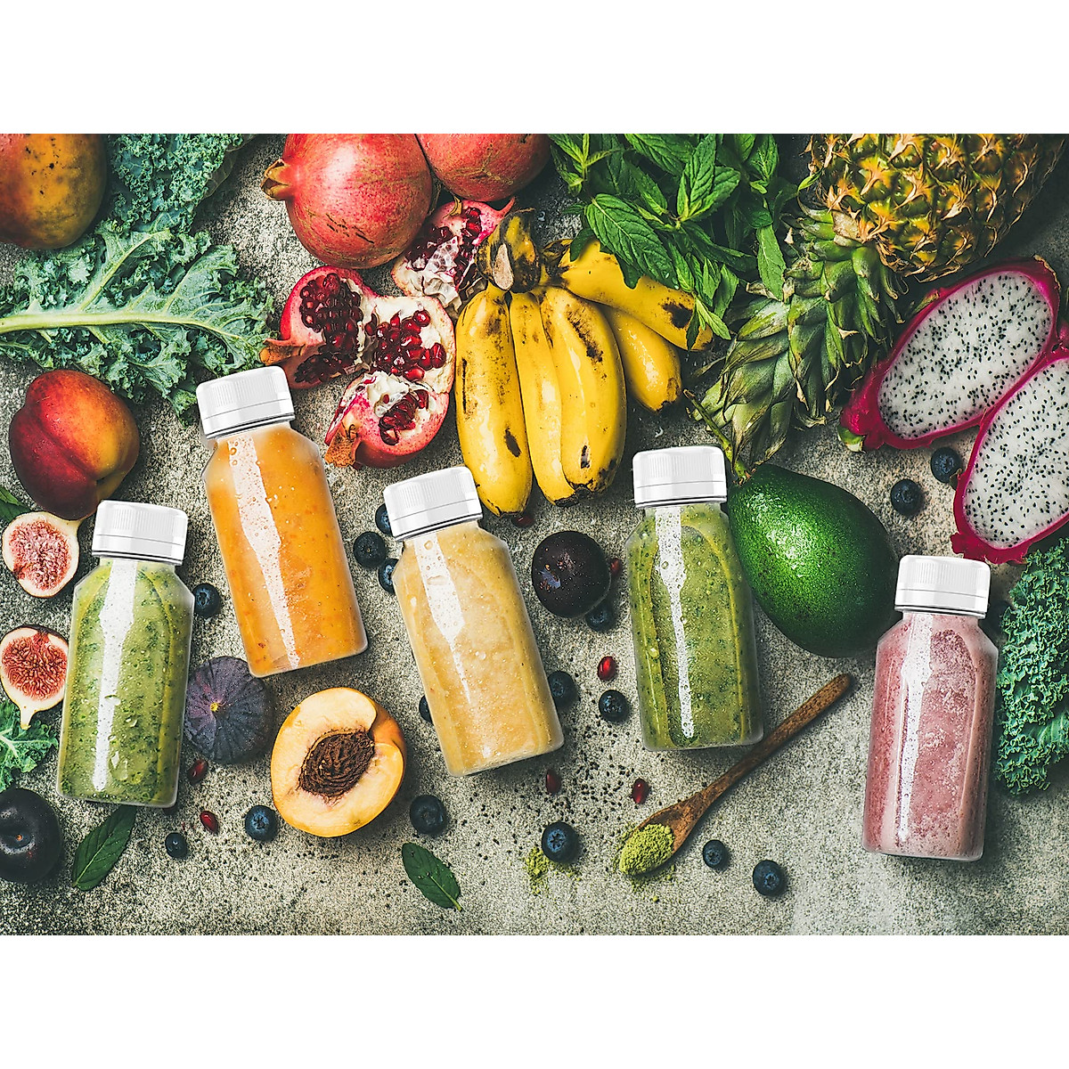 Axe Sickle 6 Pcs 12 Ounce Juice Bottles Plastic Milk Bottles Bulk Beverage Containers with Tamper Evident Caps Lids White for Milk, Juice, Drinks and Other Beverage Containers