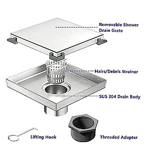 Neodrain 6-Inch Square Shower Drain with Removable Tile Insert Grate,Brushed 304 Stainless Steel, with Watermark&CUPC Certified, Includes Hair Strainer