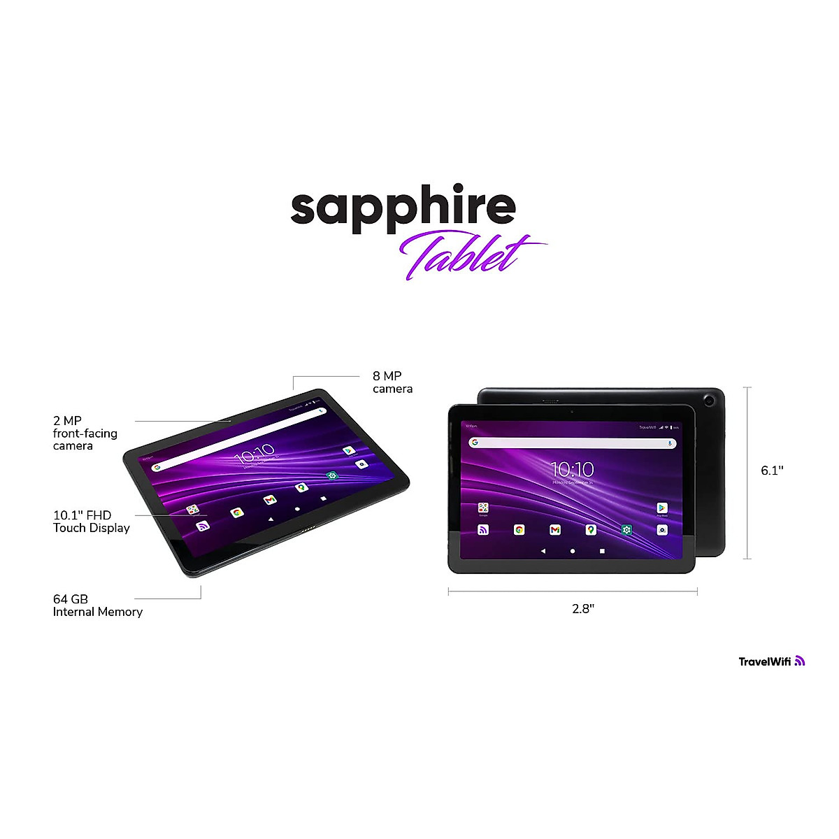 TravelWifi Sapphire Tablet Mobile Hotspot, 10.1" Full HD Touch Screen, Portable WiFi Hotspot for Travel in 130+ Countries, Preloaded 3GB Free Global Data, CloudSIM Technology