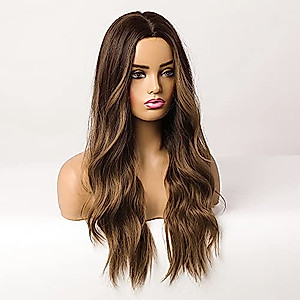 LEMONWIGS Long Natural Wavy Middle Part Brown Synthetic Wig for Women Heat Resistant Fiber Wigs