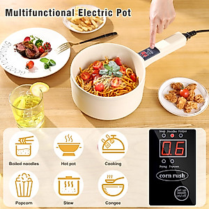 Multifunctional Electric Hot Pot Cooker, Upgraded Non-Stick Stainless Steel 1L Mini Portable Lazy Pot Popcorn Ramen Maker for Steak Egg Soup Travel with Long Handle Power Adjustment milky white