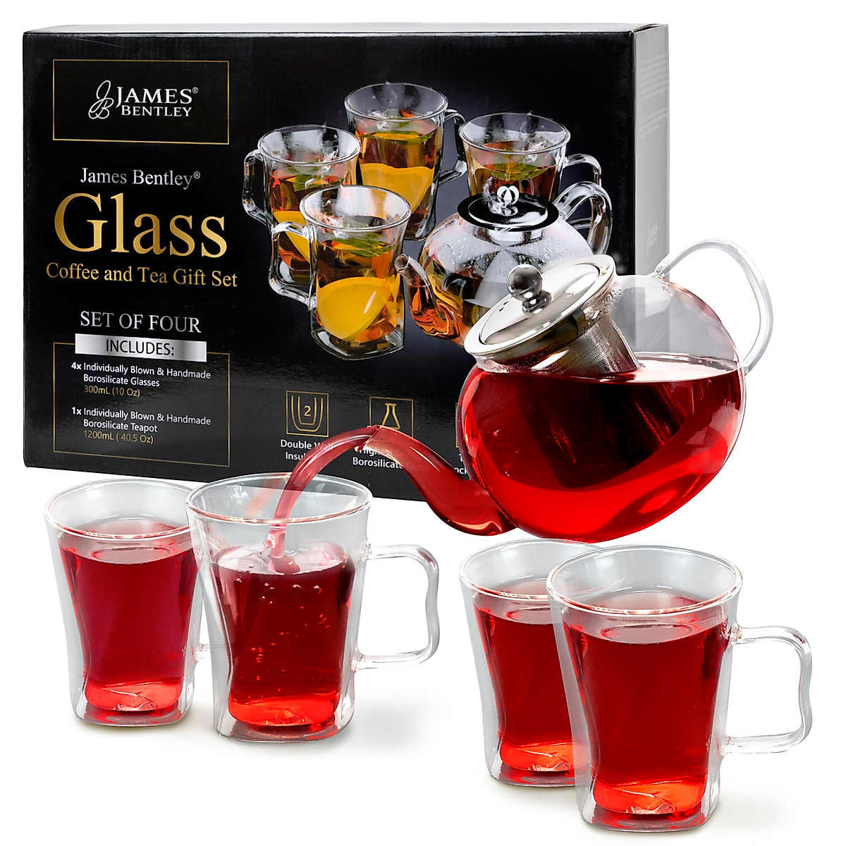 Glass Tea Sets for Adults-Elevate your Tea Time with our Clear Teapot & insulated Cup Set- Tea Pot Sets Kettle w/Infuser for Stove Top & 4 Double Wall Teacups Blooming loose leaf teas Glass Tea set