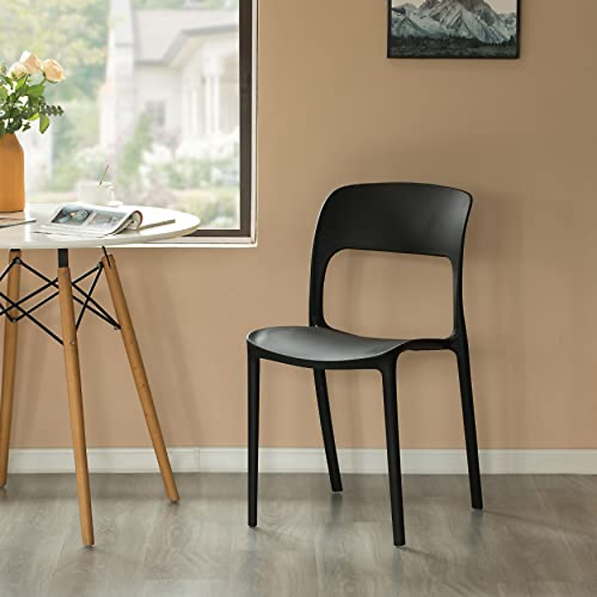 Modern Plastic Outdoor Dining Chair with Open Curved Back, Black Set of 2