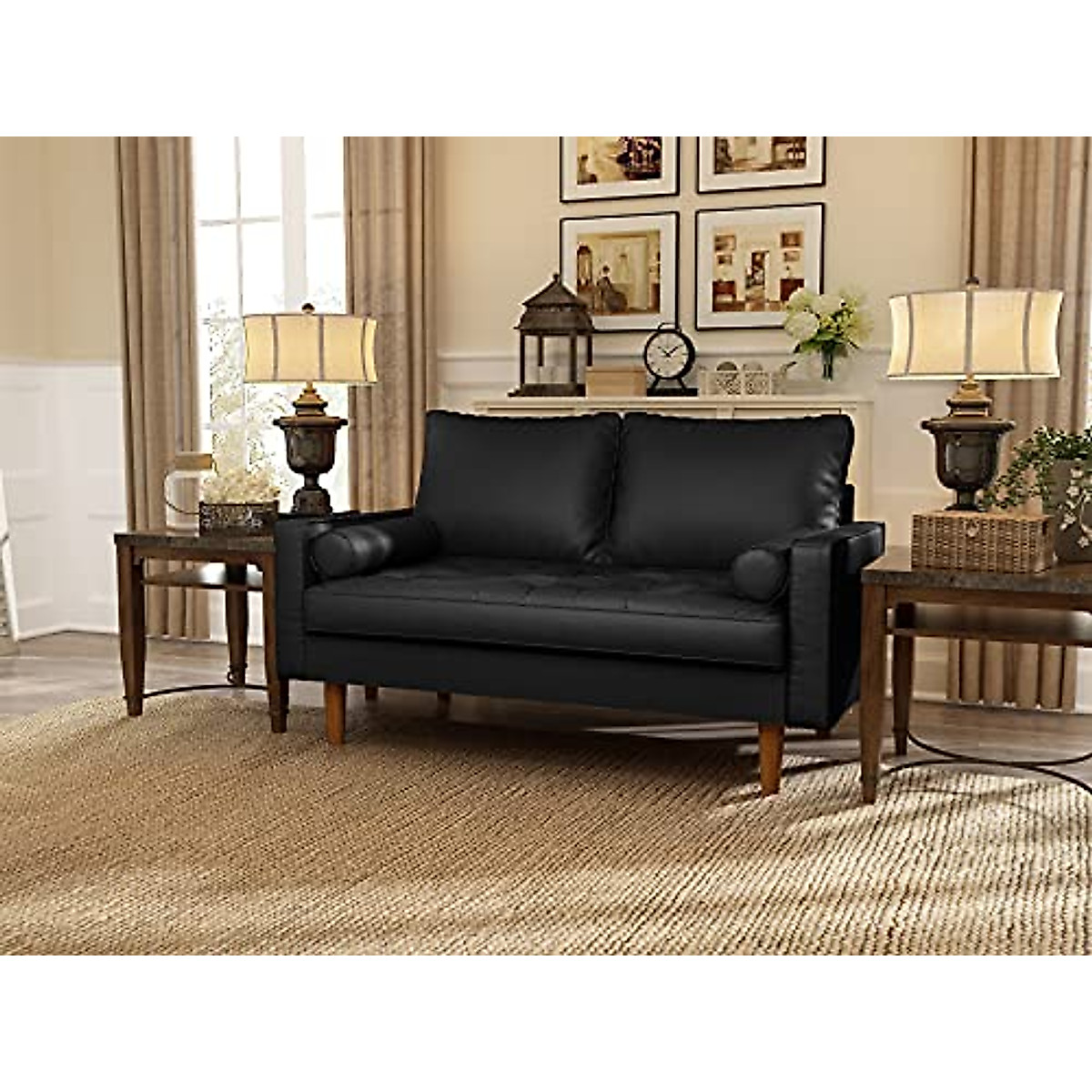 Meeyar 58" PVC loveseat, Couch for Small Apartment and Living Room,Solid Wood Frame Legs, Easy Assembly,Square Arms,31.7" D x 57.9" W x 33" H (Black, 58")