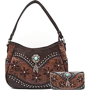 Tooled Leather Laser Cut Flower Feather Purse Studs Country Western Handbag Women Shoulder Bag Wallet Set (Coffee 2)