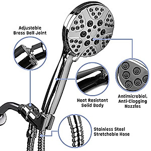 Shower Head with Handheld Anti-clog Nozzles, Powerful Jet Spray, 5 ft Stainless Steel Hose 8-Functions Shower Head Mounting Accessories Included