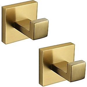 VELIMAX Premium Stainless Steel Towel Hook Square Robe Hook Coat Hook Heavy Duty Wall Mounted Luxury Hooks for Bathroom Hotel, Brushed Gold, 2-Pack