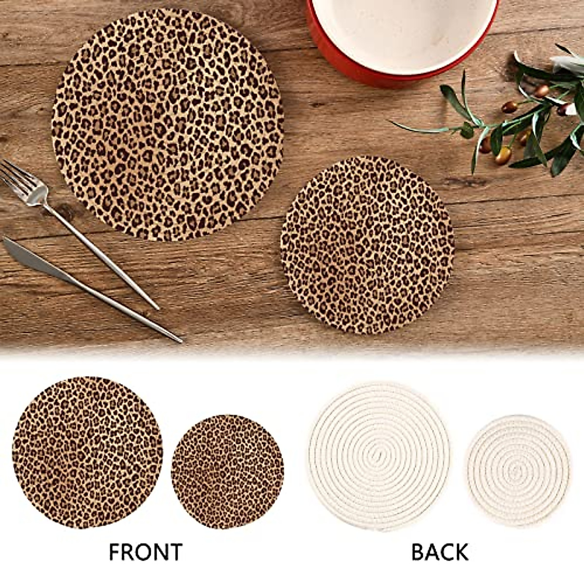 Leopard Classic Pattern Trivets Mat for Hot Dishes Pots Pans Potholders Set of 2 Pcs Round Holder Hot Pads for Table Cotton Thread Weave Resistant Kitchen Cooking