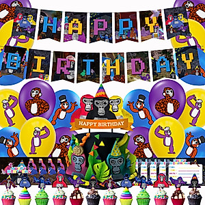 Gorilla Tag Birthday Party Decorations, Gorilla Tag Birthday Banner - Cake&Cupcake Toppers - 18 Latex Balloon - 10 Invitations for Gorilla Tag Party Supplies