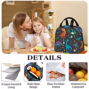 Velivn Lunch Bag for Kids, Leakproof Insulated Lunch Box with Front Pocket for Boys/Girls Reusable Zipper Cooler Tote Bag for Work School Picnic Camping (Dark Grey with Dinosaur)