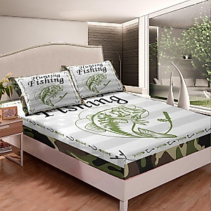 Hunting and Fishing Bed Sheet Set Full Size Pike Fish Fitted Sheet for Kids Adults Teens Boys Men Fisherman Fishhook Bedding Set Camo American Flag Bedding Sheets Bedroom Decor with 2 Pillow Case