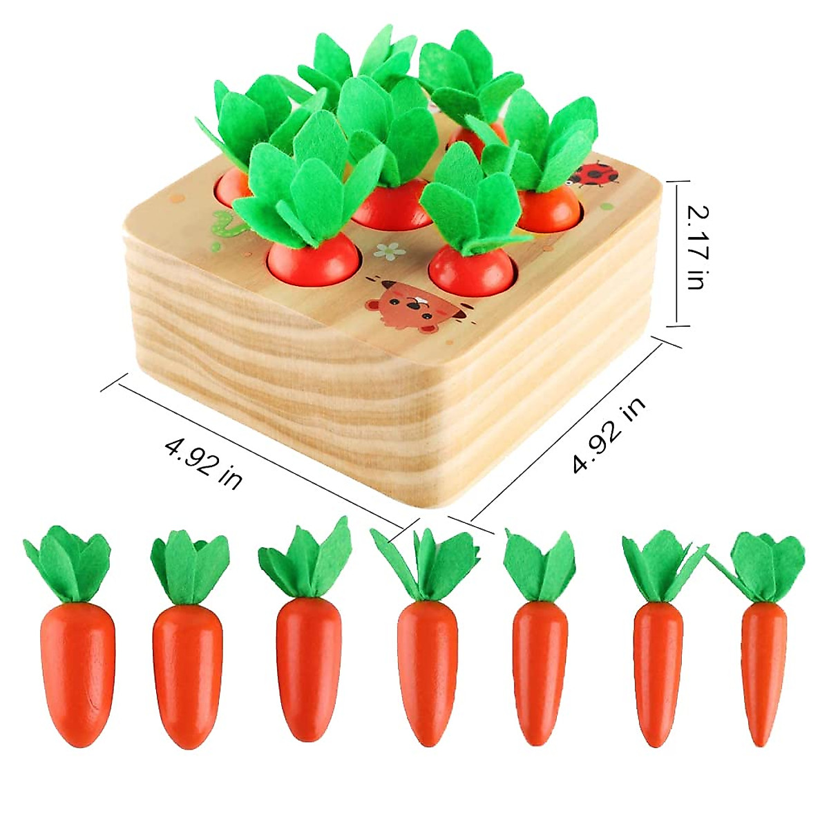 LOOJOY Wooden Toddlers Carrots Toys Shape Size Sorting Matching Puzzles Gripping Action Carrot Harvest Game for Fine Motor Skill
