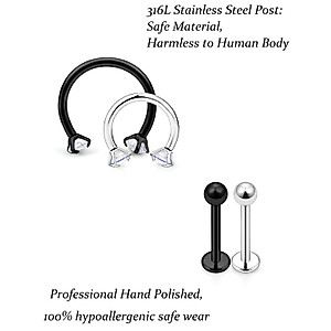 Vsnnsns 16G Lip Rings Stainless Steel Horseshoe Labret Monroe Lip Rings Nail Cartilage Tragus Helix Earrings Studs Septum Ring Medusa Piercing Jewelry Retainer for Women Men Silver Black 8mm